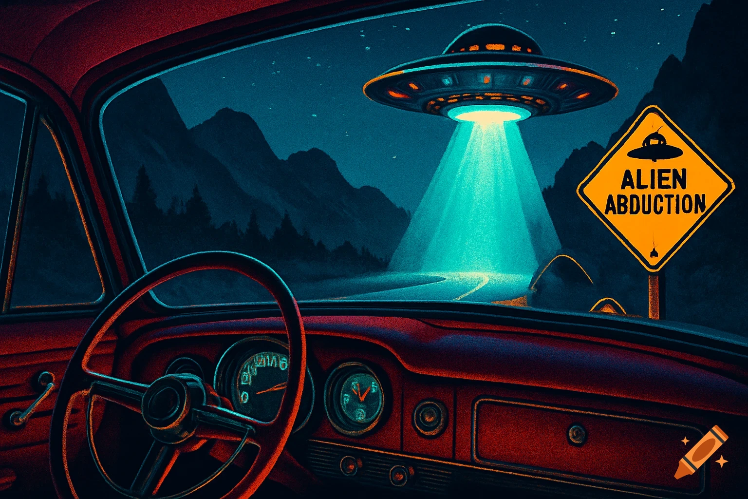 POV from inside a 1950s red car at night with a UFO beaming light over ...