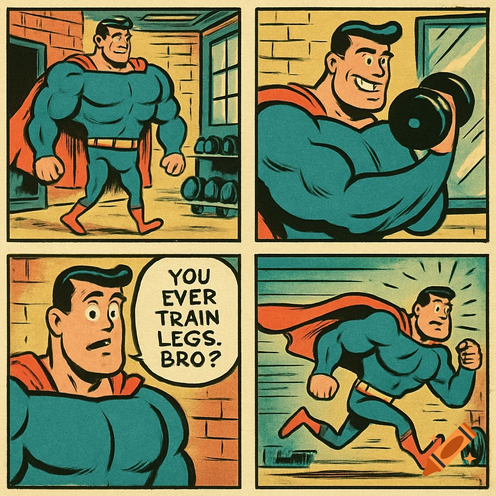 A four-panel comic strip in vintage style showing a muscular superhero ...