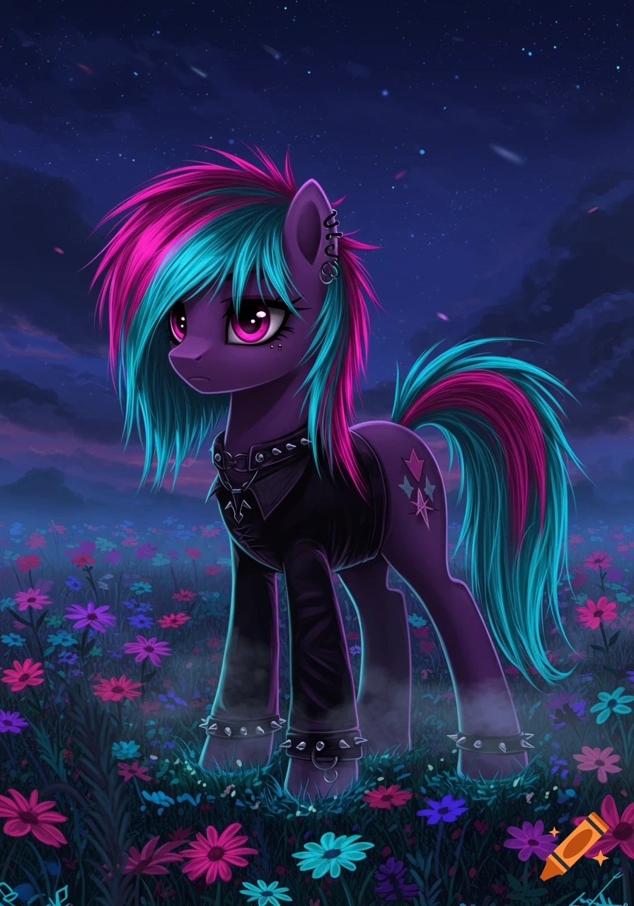 A purple alicorn with a starry mane and tail and a black crown stands ...