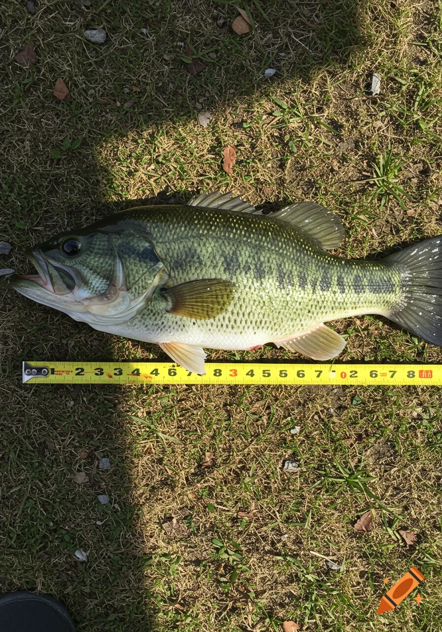 A large green bass fish lies on green grass next to a yellow tape ...