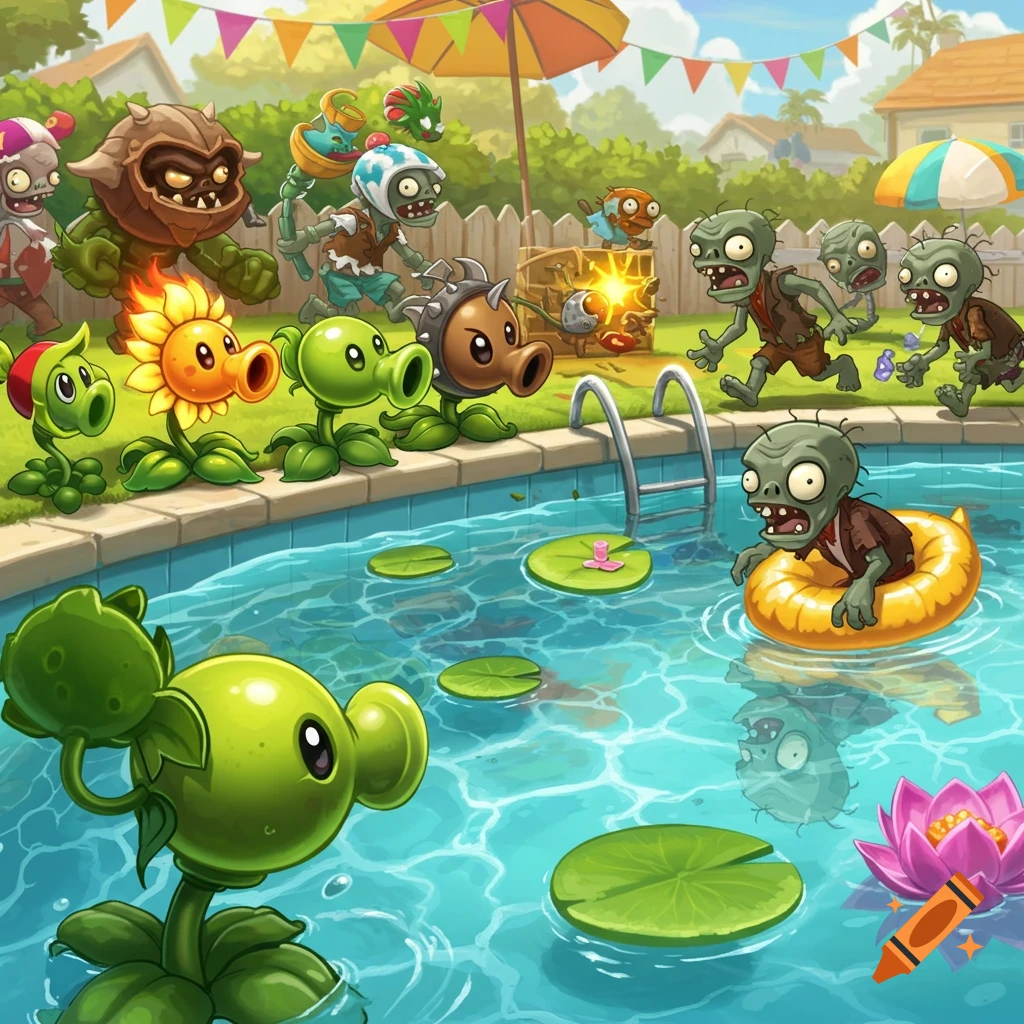 A vibrant cartoon of Plants vs. Zombies characters in a sunny backyard ...