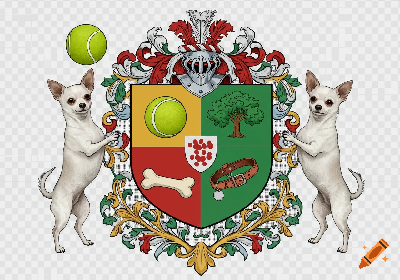 A family crest featuring a shield with four quadrants: a tennis ball, a ...
