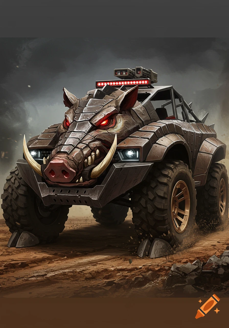 Armored off-road vehicle resembling a wild boar with glowing red eyes ...