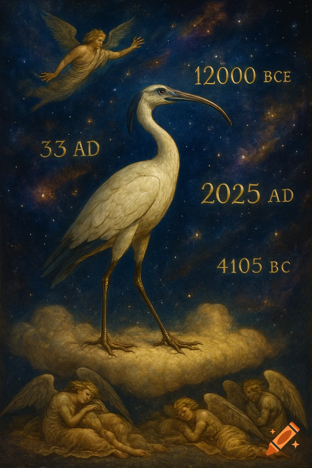 A majestic white ibis stands on a golden cloud, surrounded by floating ...