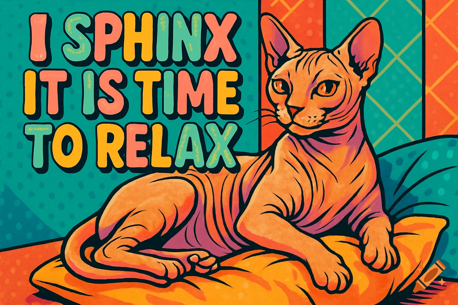 A graphic illustration of an orange sphinx cat relaxing on a yellow ...