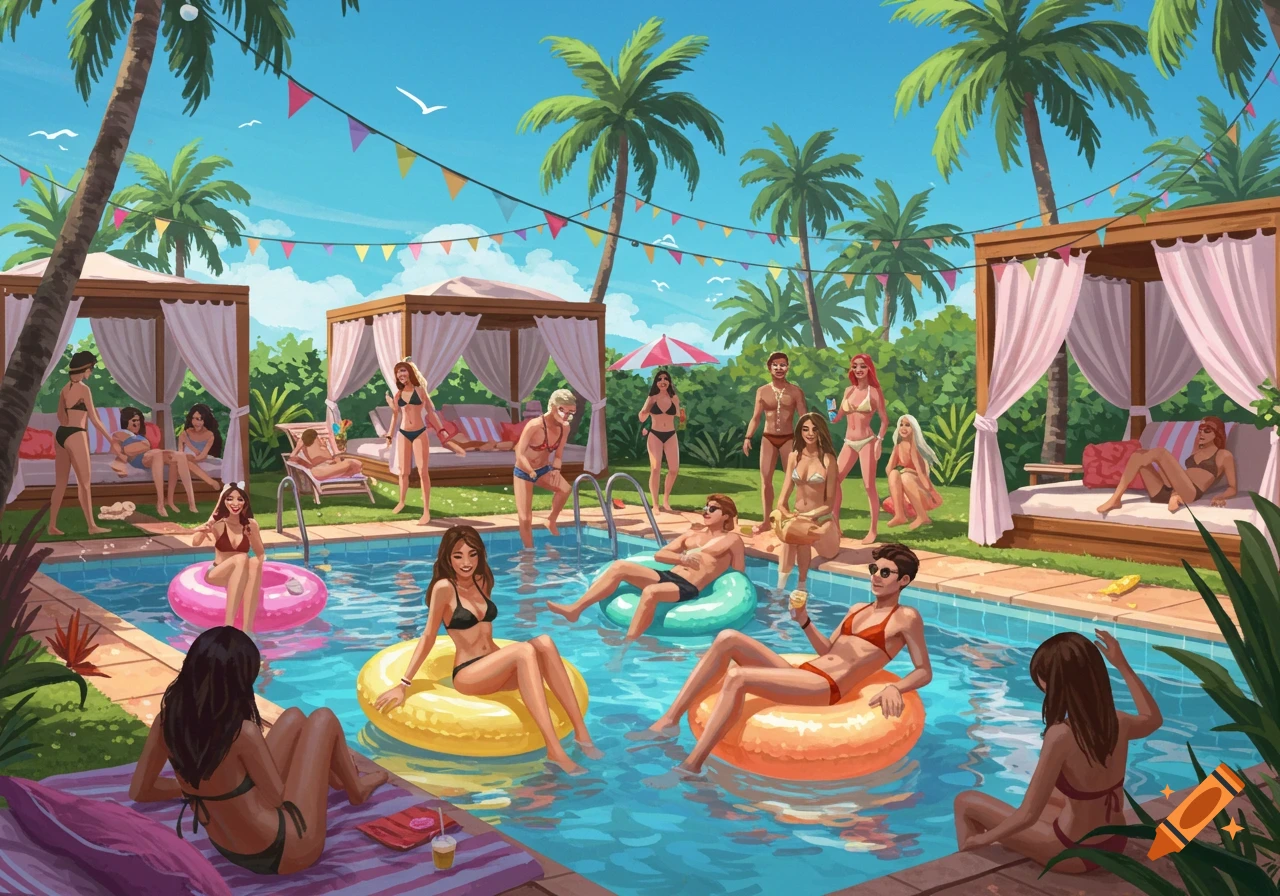 Vibrant illustration of a pool party with people swimming, a BBQ grill smoking, and a picnic ...