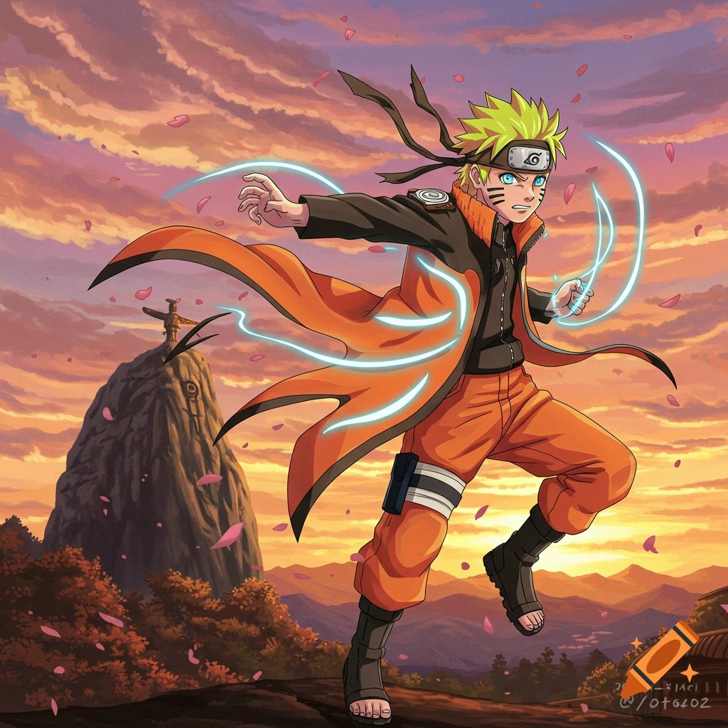 Naruto in a dynamic pose with glowing blue energy, against a sunset sky ...