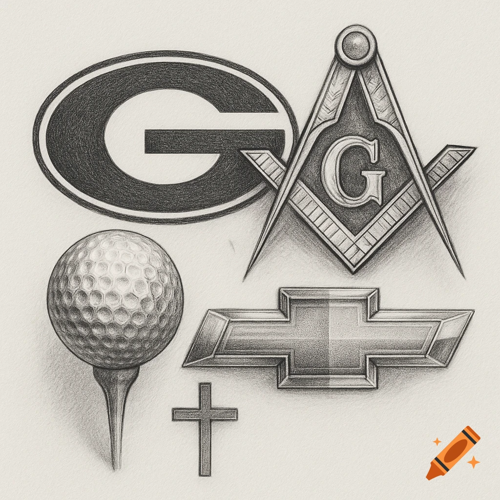 Pencil drawing of various symbols: Green Bay Packers logo, Freemason ...
