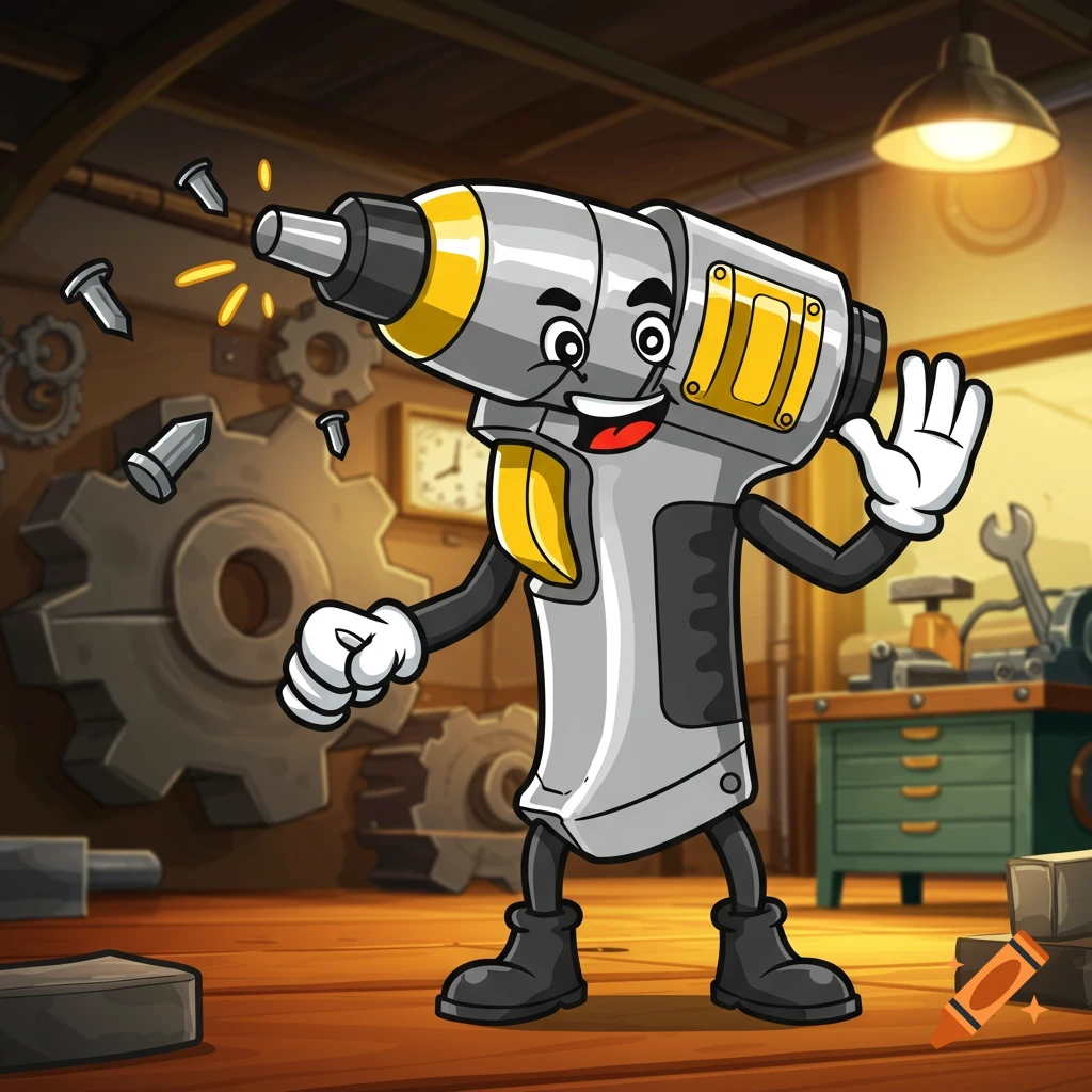 A cheerful cartoon anthropomorphic rivet gun mascot with a smiling face ...