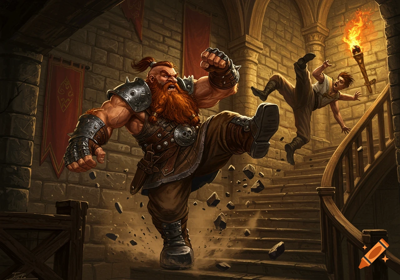 A powerful, bearded dwarf in armor kicks a human down stone stairs ...