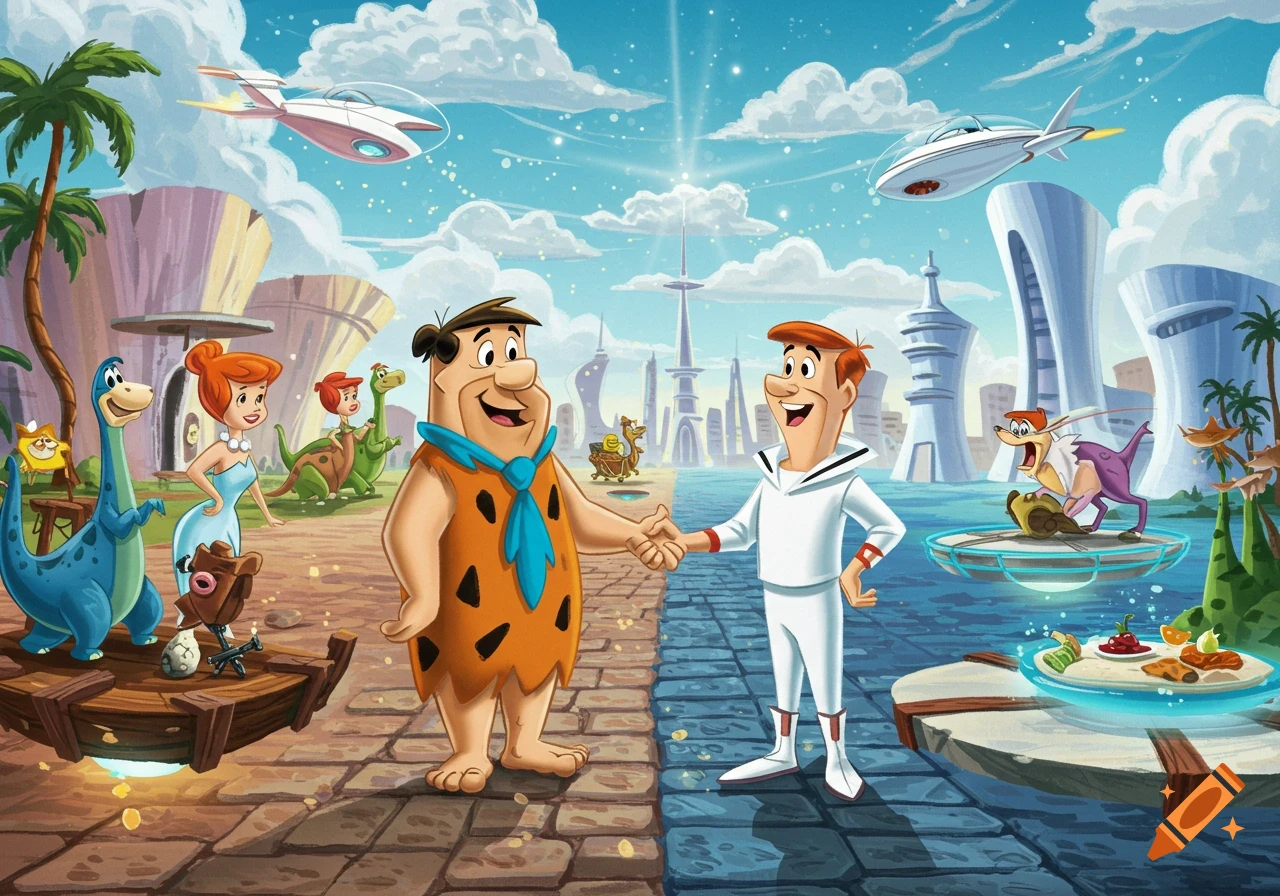 Fred Flintstone happily holds a giant purple yam with green leaves in a ...