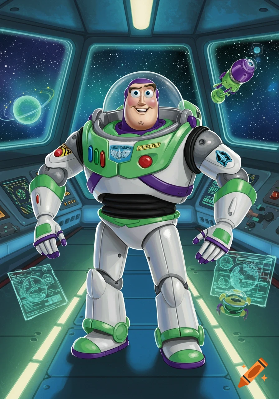 Buzz Lightyear in his white, green, and purple space suit stands in a ...
