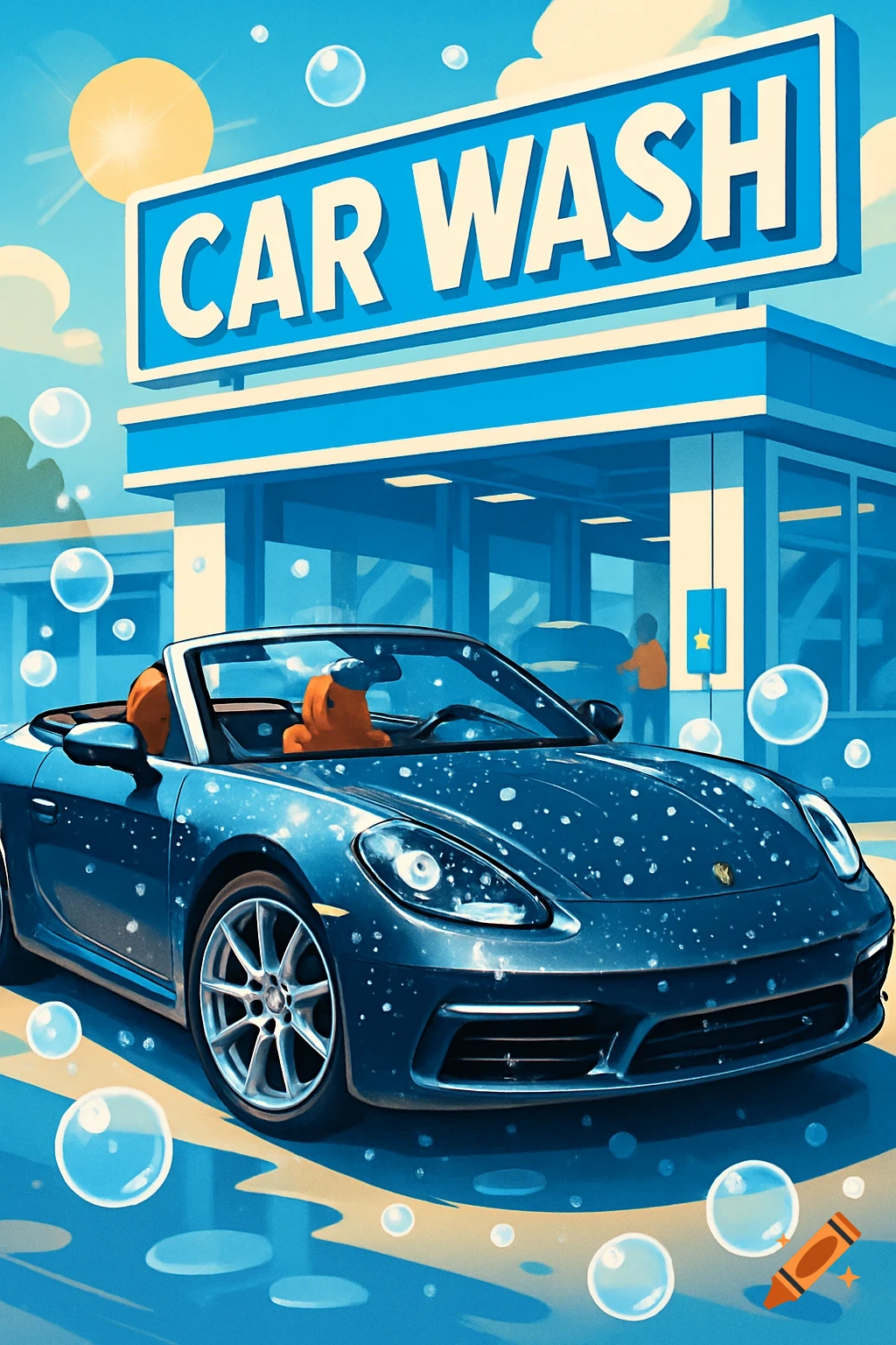A stylized illustration of a blue convertible car getting washed at a ...
