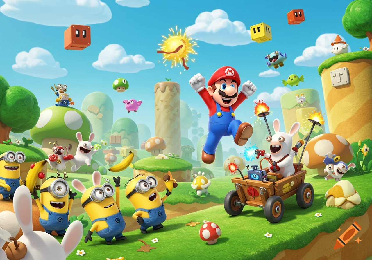 Mario jumps in a vibrant landscape with Minions, Rabbids, mushrooms ...
