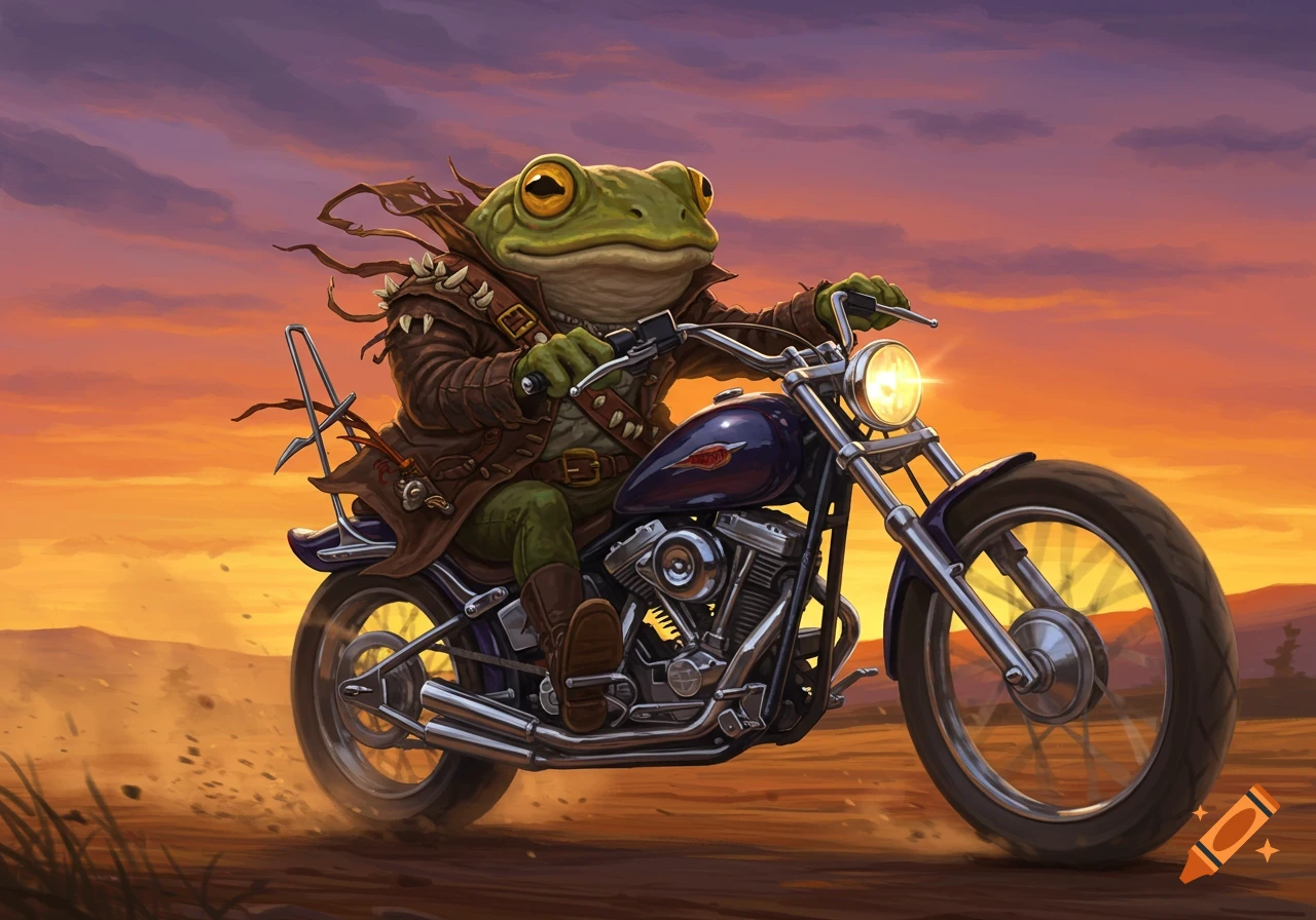 A frog man wearing a leather coat and bandolier rides a motorcycle at ...