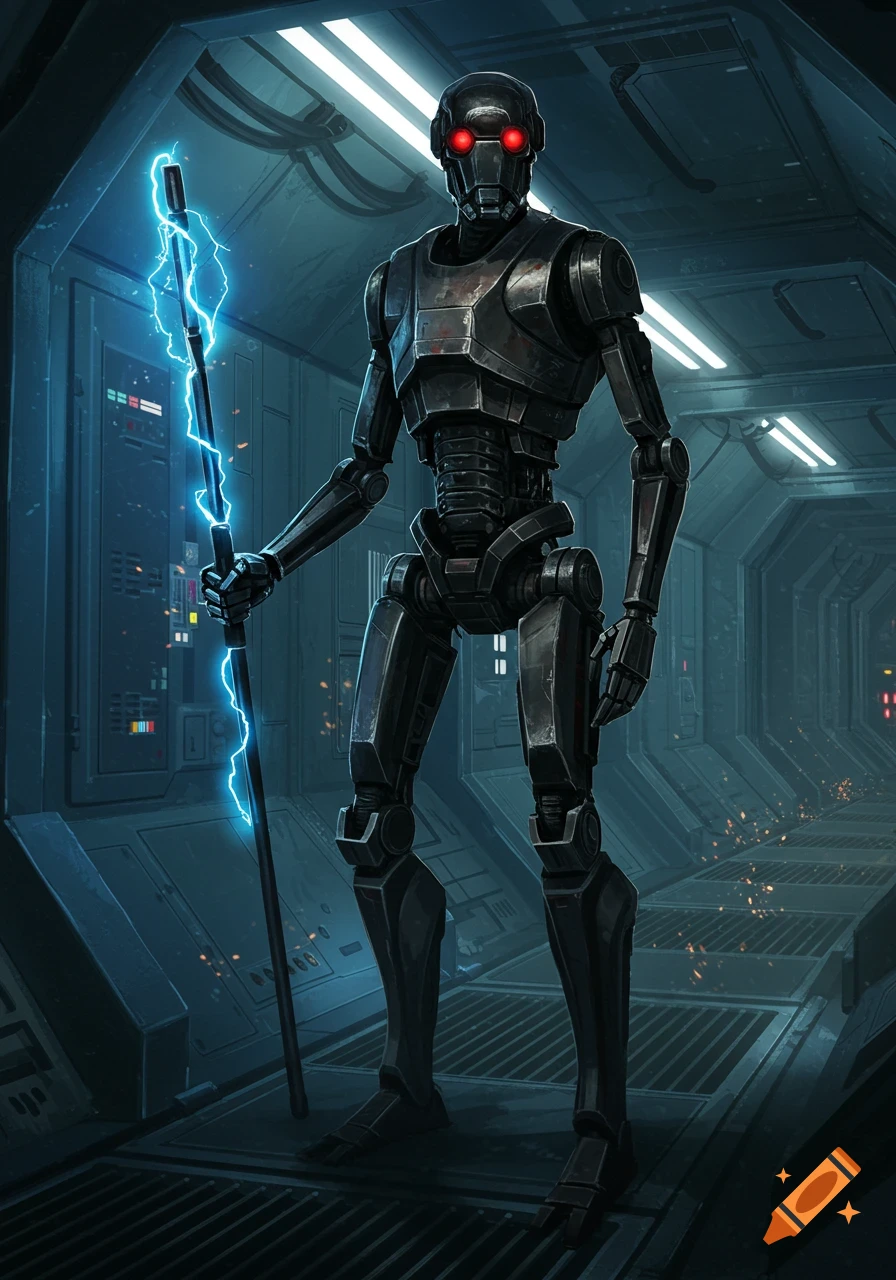 A dark, battle-damaged Magnaguard robot with glowing red eyes holds an ...