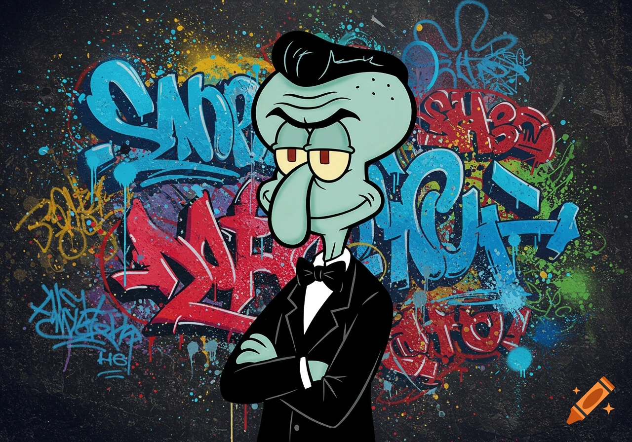 Handsome Squidward in a black tuxedo stands confidently with arms ...