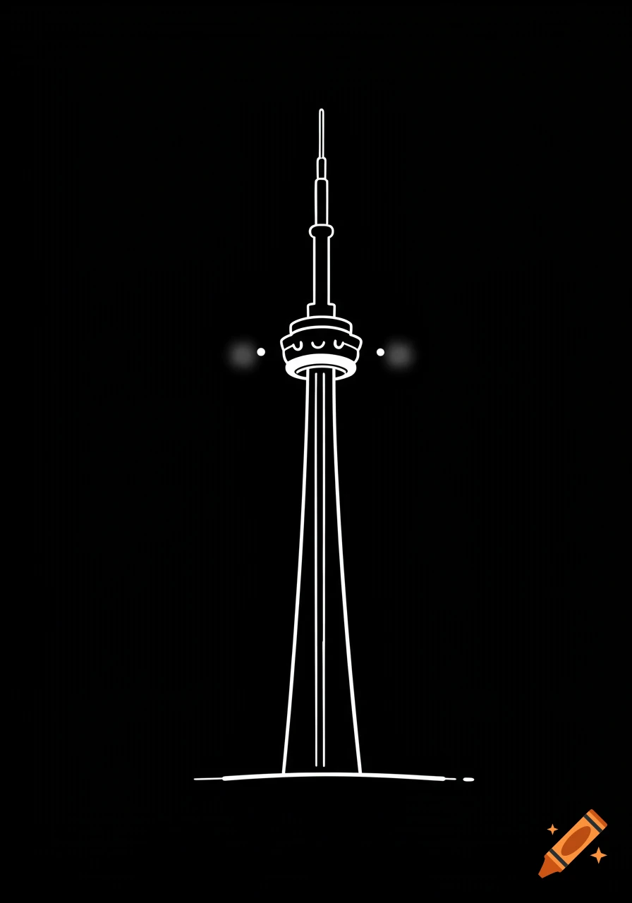 A minimalist white outline cartoon illustration of the CN Tower on a ...