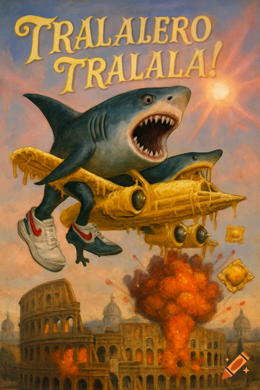 A surreal painterly image of a shark with three legs and Nikes riding a ...