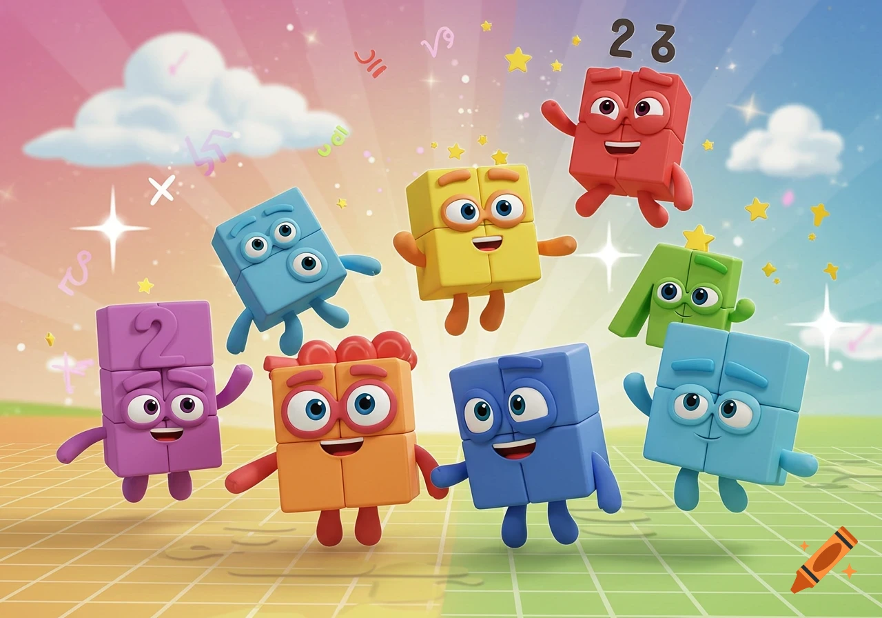 Colorful cartoon block characters with numbers, smiling and floating ...