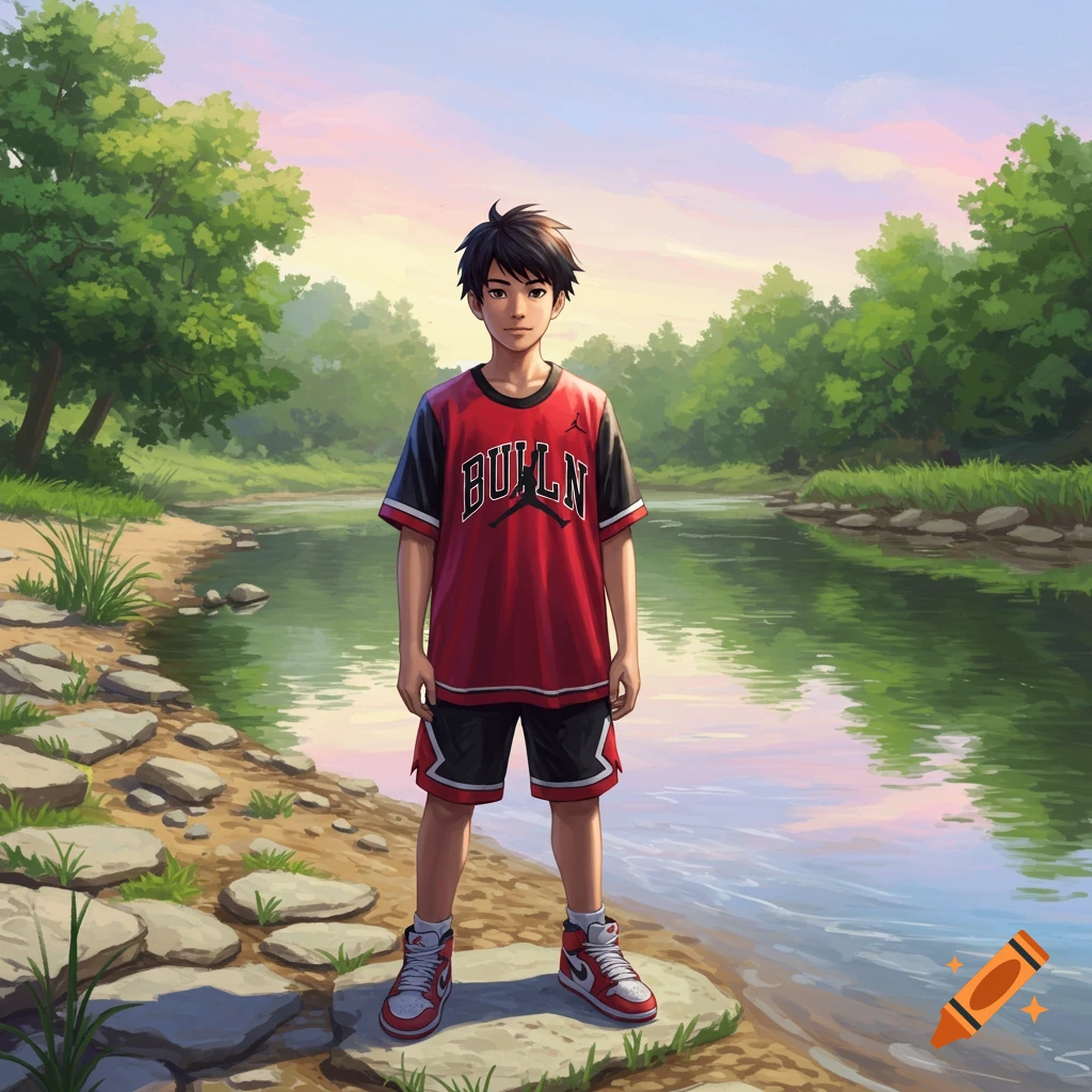 Anime boy in a red and black basketball jersey and shorts stands by a ...