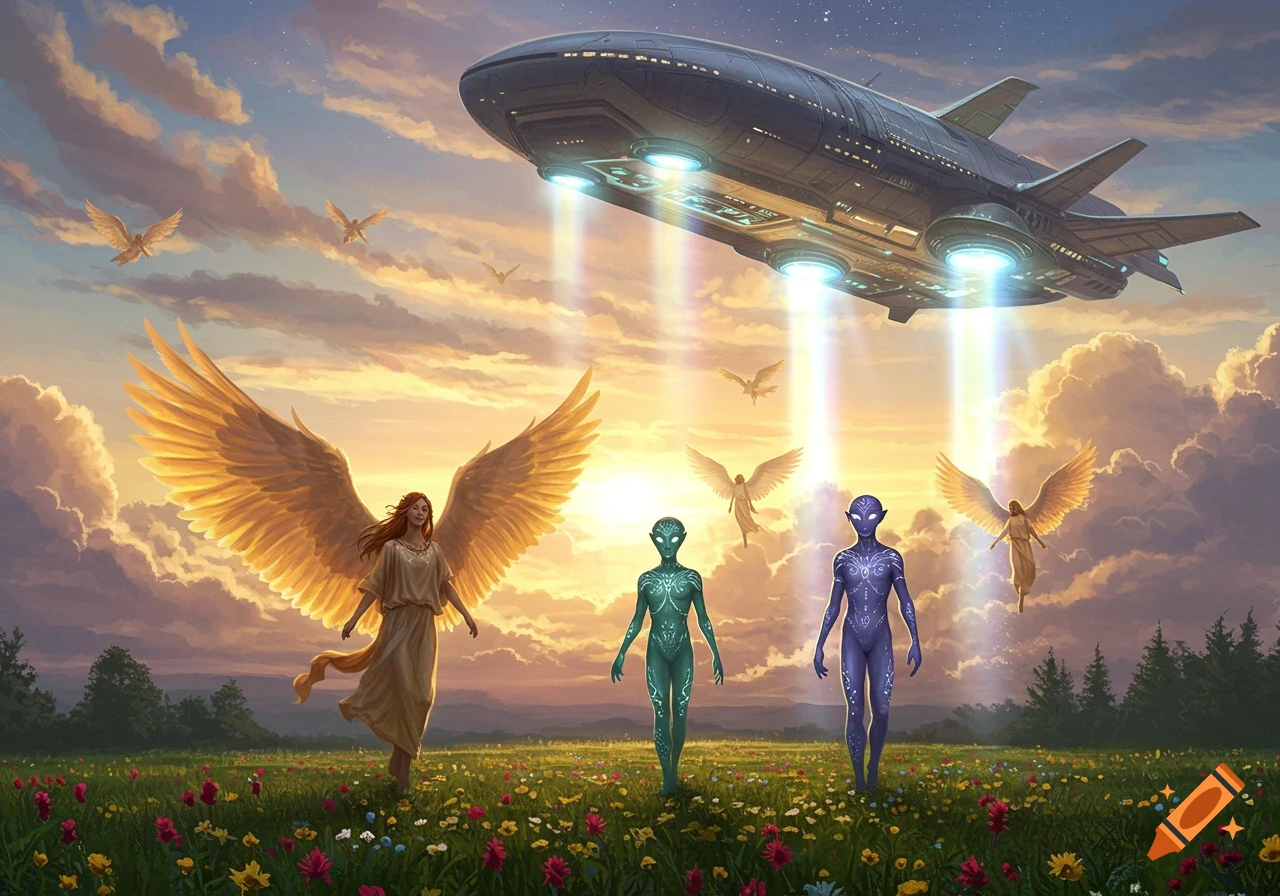 An angel and two aliens stand in a vibrant flower field as a large ...