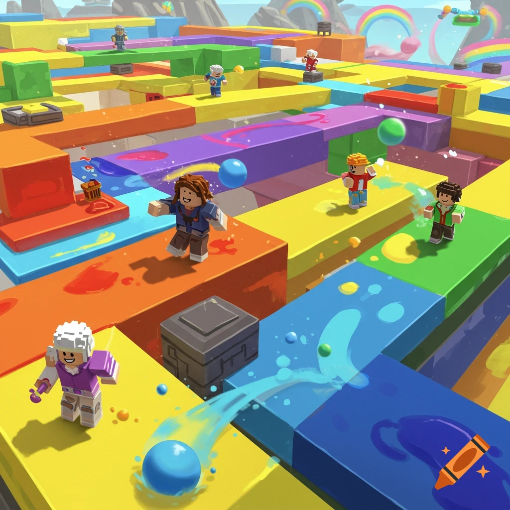 Blocky characters navigate a vibrant, colorful Roblox-style obby with ...