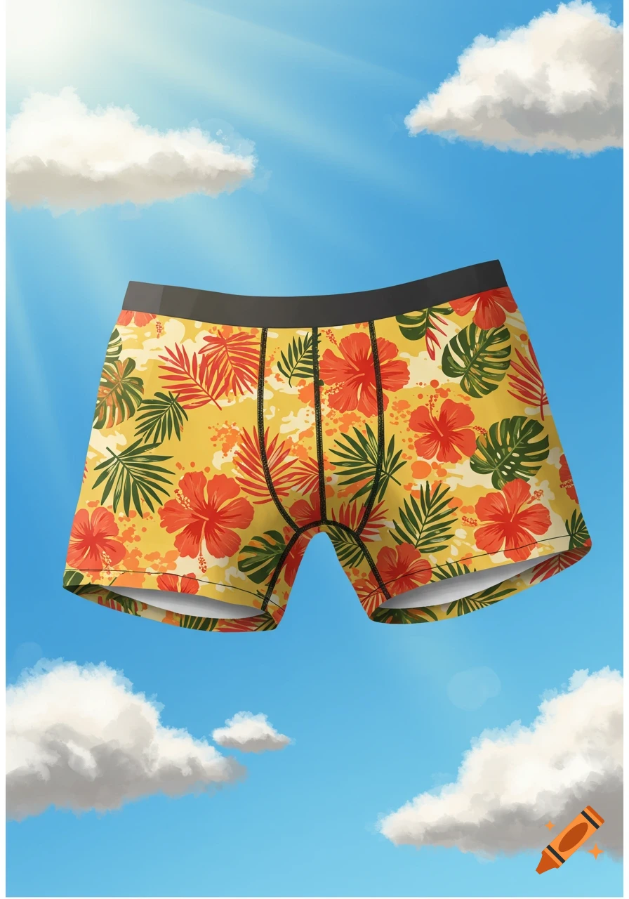 Yellow tropical print boxer shorts with red hibiscus and green leaves ...