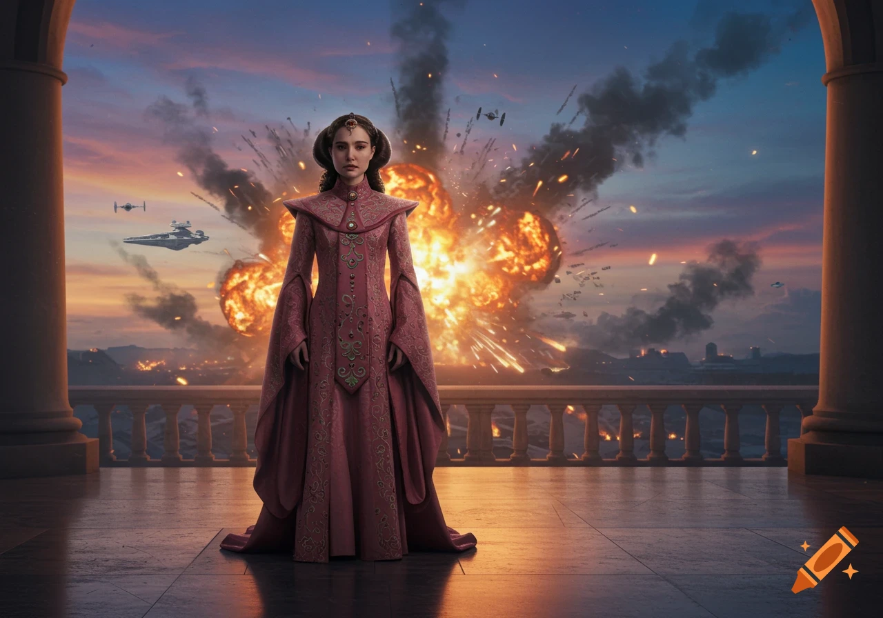 Photorealistic image of Queen Padme Amidala in a pink dress on a ...