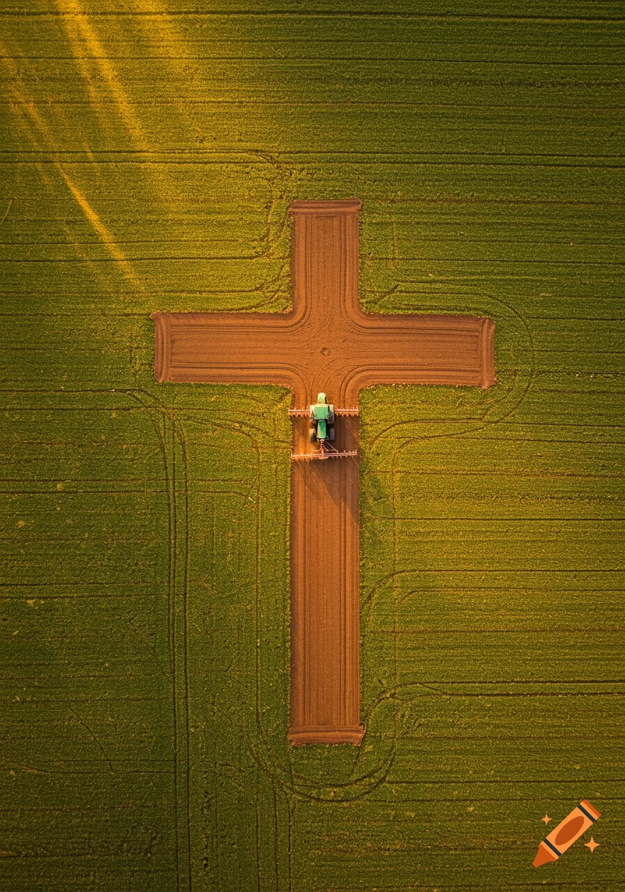 An aerial view of a green field with a tractor plowing a large cross ...