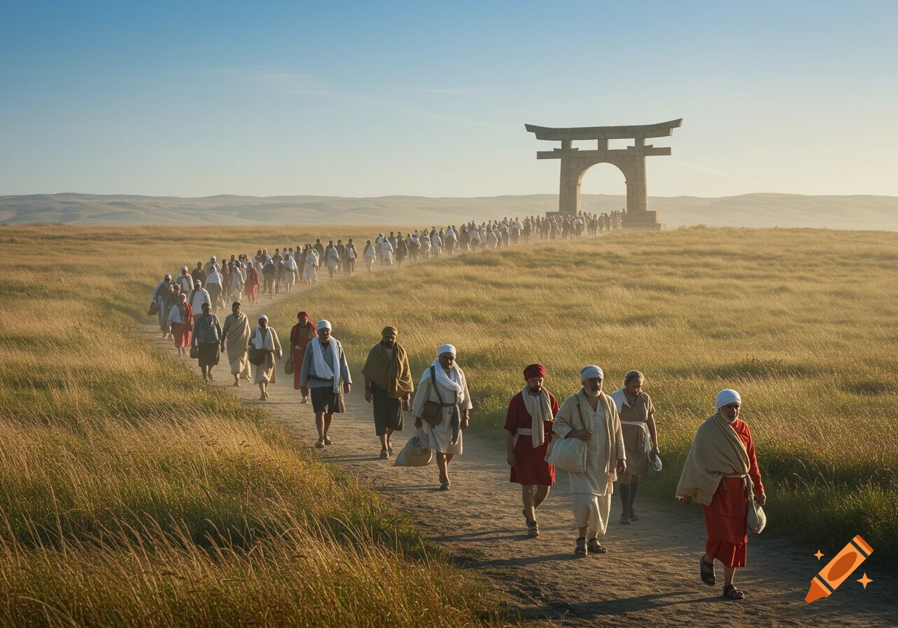 A long line of people in robes walk on a dirt path through a golden ...