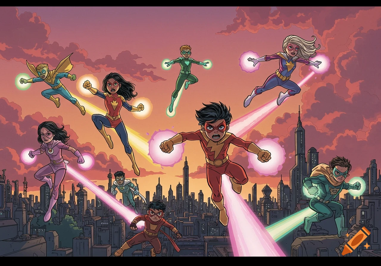 Eight diverse female superheroes pose and run on a city rooftop at ...