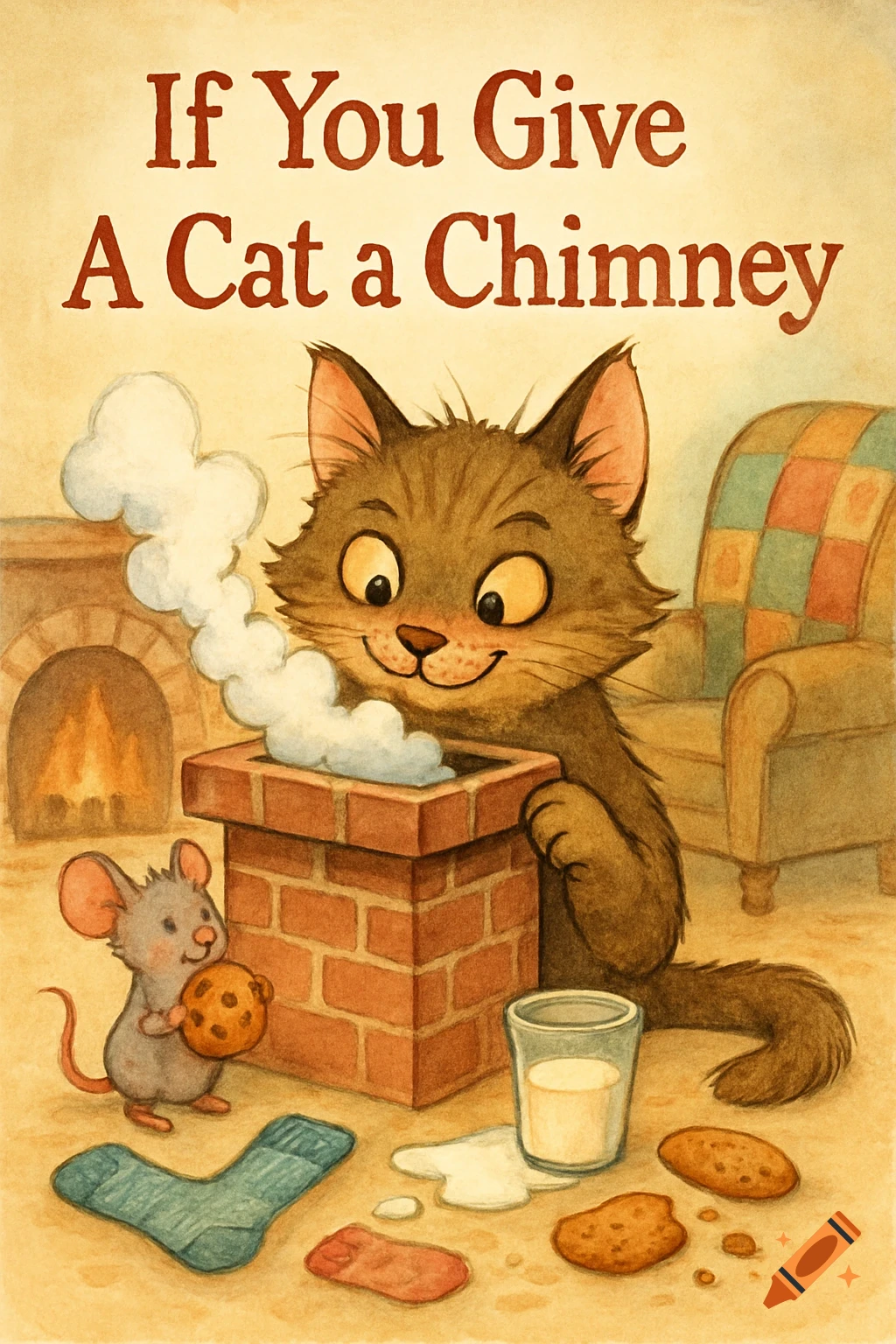 Children's book cover: A smiling brown cat looks into a brick chimney ...