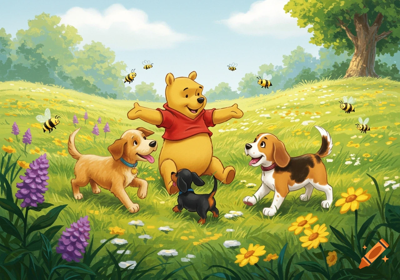 Winnie the Pooh, Tigger, and Piglet in suits stand in a vibrant meadow ...