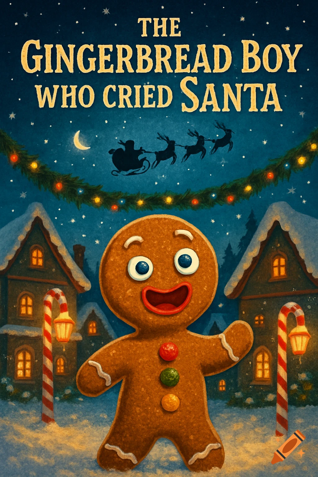 Festive storybook illustration of a gingerbread boy in a snowy village ...