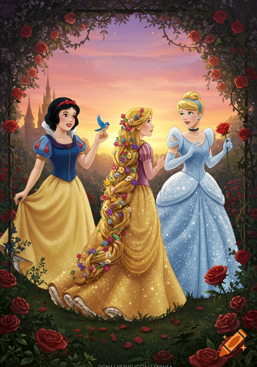 Snow White, Rapunzel, and Cinderella stand in a rose garden with a ...