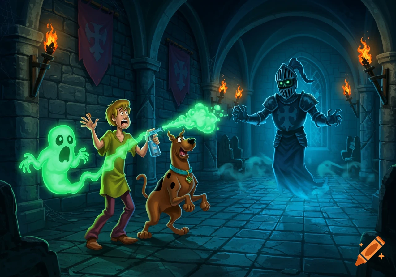 The Mystery Inc. gang from Scooby-Doo stands around their teal and yellow van in an autumn ...