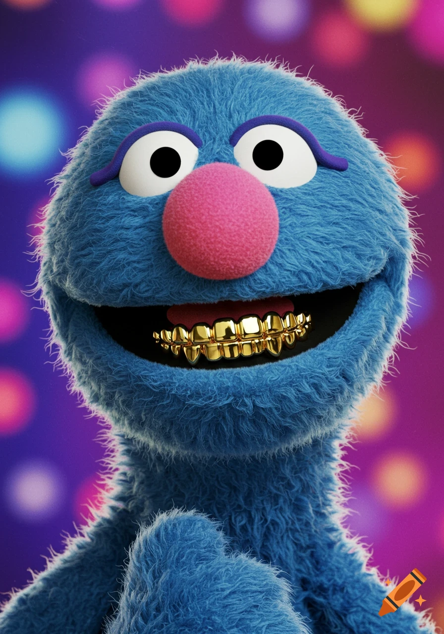 A white muppet woman with fluffy white hair, a pink nose, pink blush, a ...