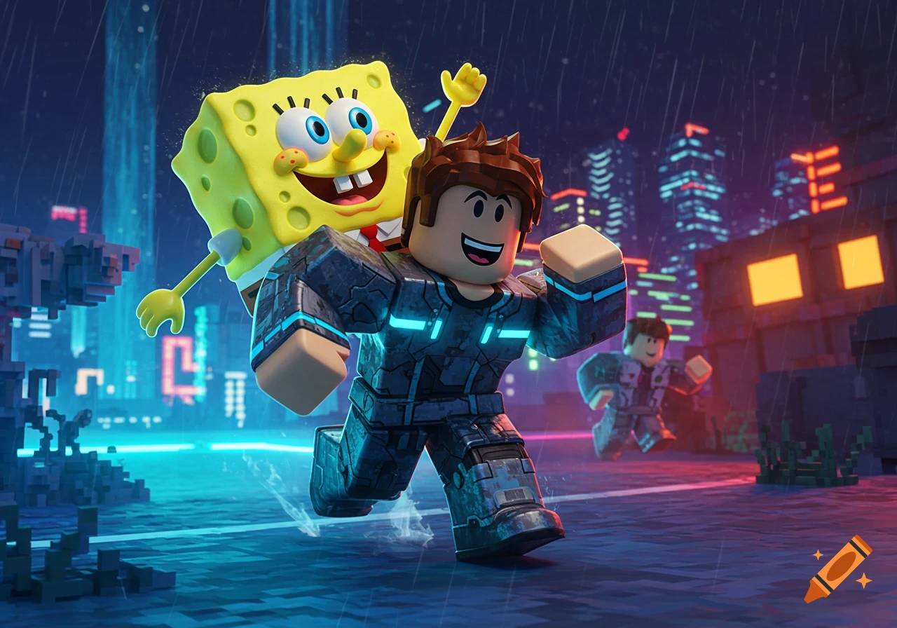 Two Roblox characters in a vibrant, neon-lit digital world; one holds a ...