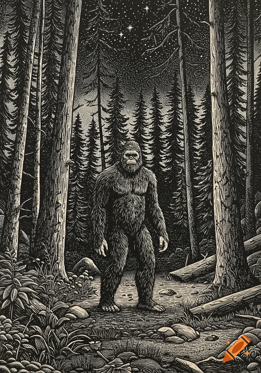 A woodcut style illustration of Bigfoot standing in a dense, dark ...