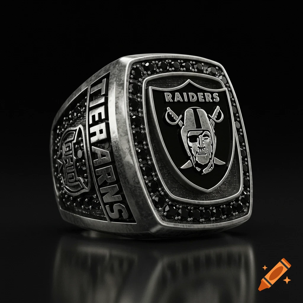 A silver championship ring with a black shield bearing the Las Vegas ...