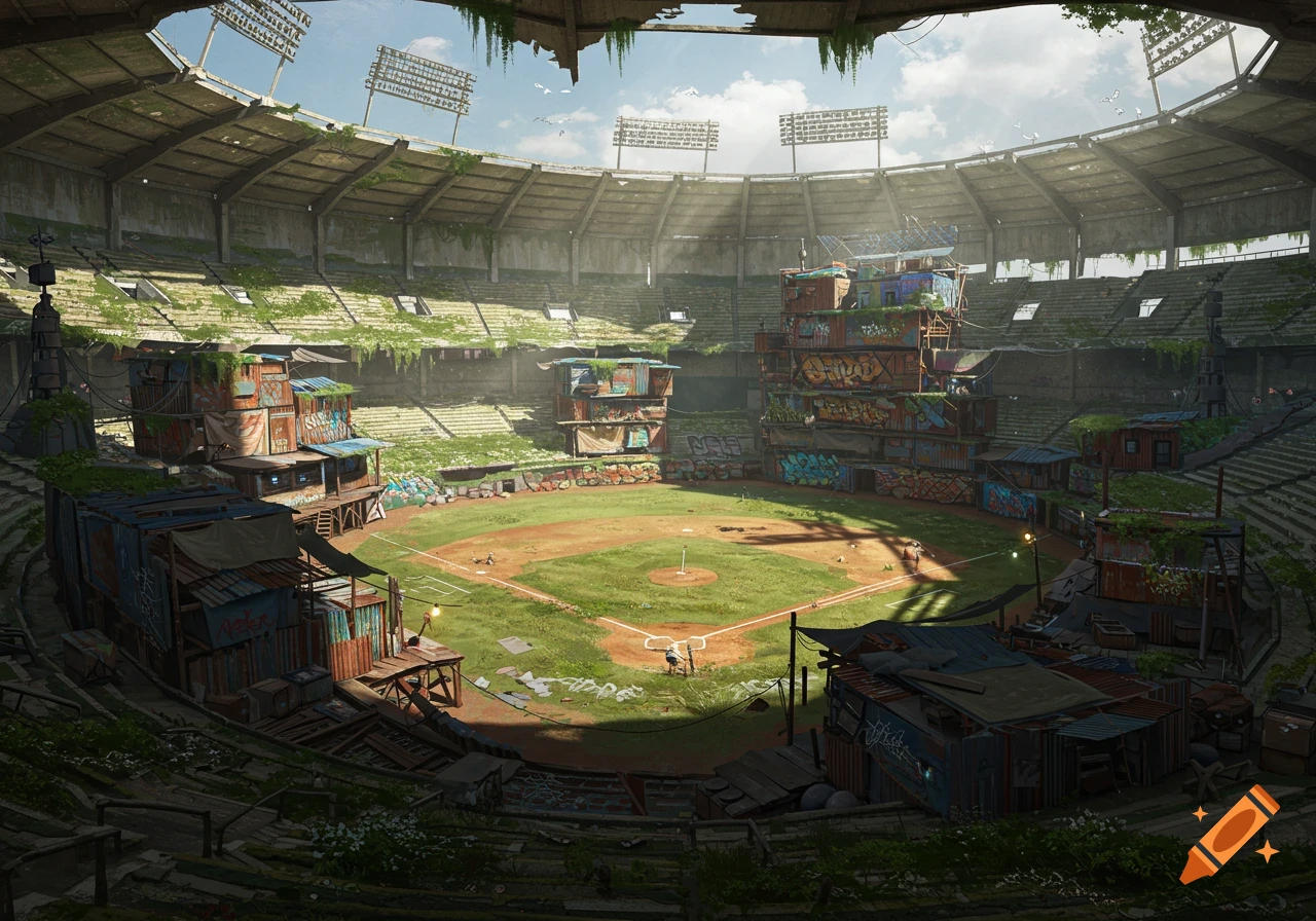 An abandoned, overgrown baseball stadium with makeshift shanty ...
