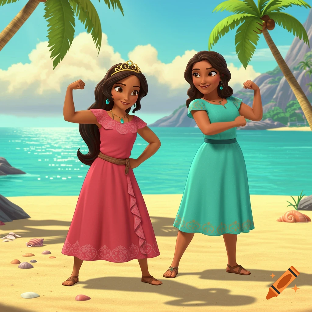 Cartoon Elena of Avalor flexing muscles on a sunny beach with seagulls ...