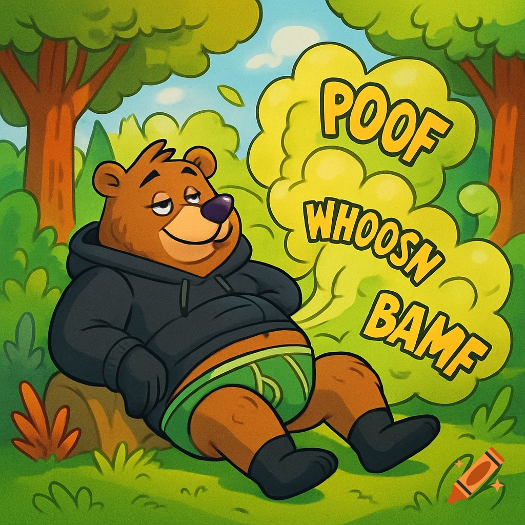A relaxed cartoon grizzly bear in a hoodie and briefs sits in a forest ...