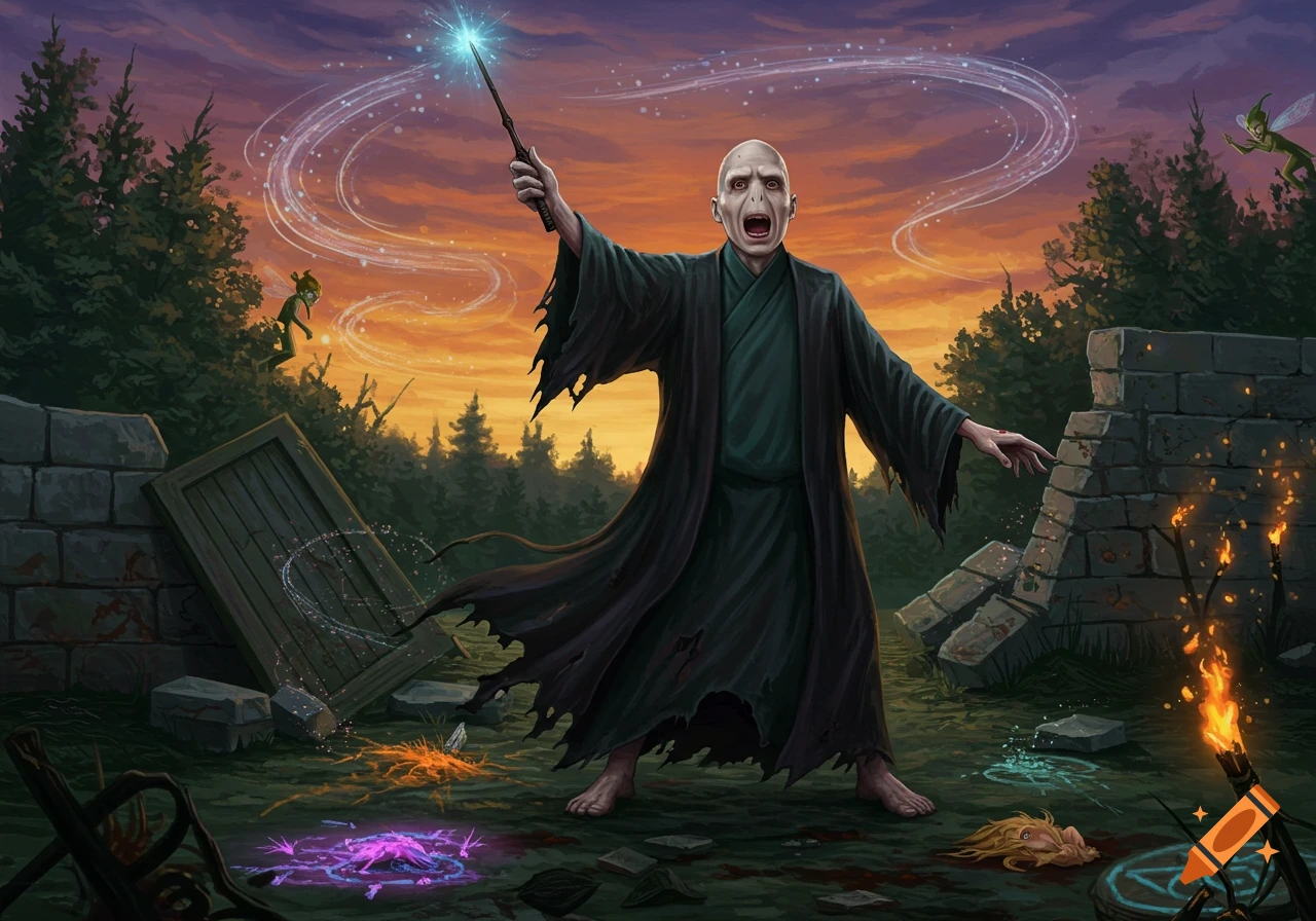 Voldemort stands with arms outstretched, holding a glowing wand, amidst ...