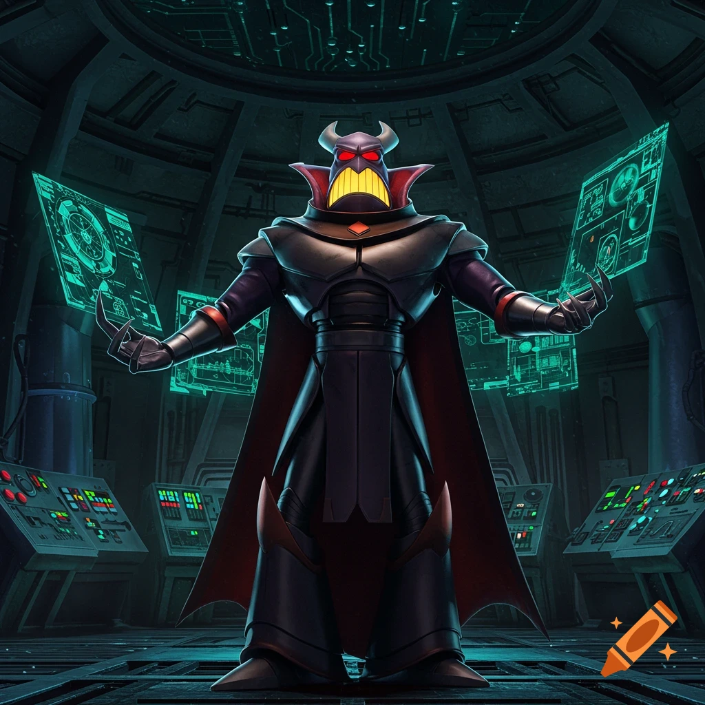 Zurg, a cartoon villain, stands in a dark, futuristic control room with ...