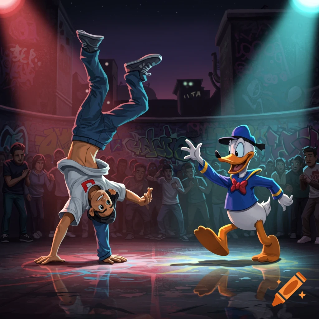 A breakdancer in a headstand faces Donald Duck dancing on a graffiti ...