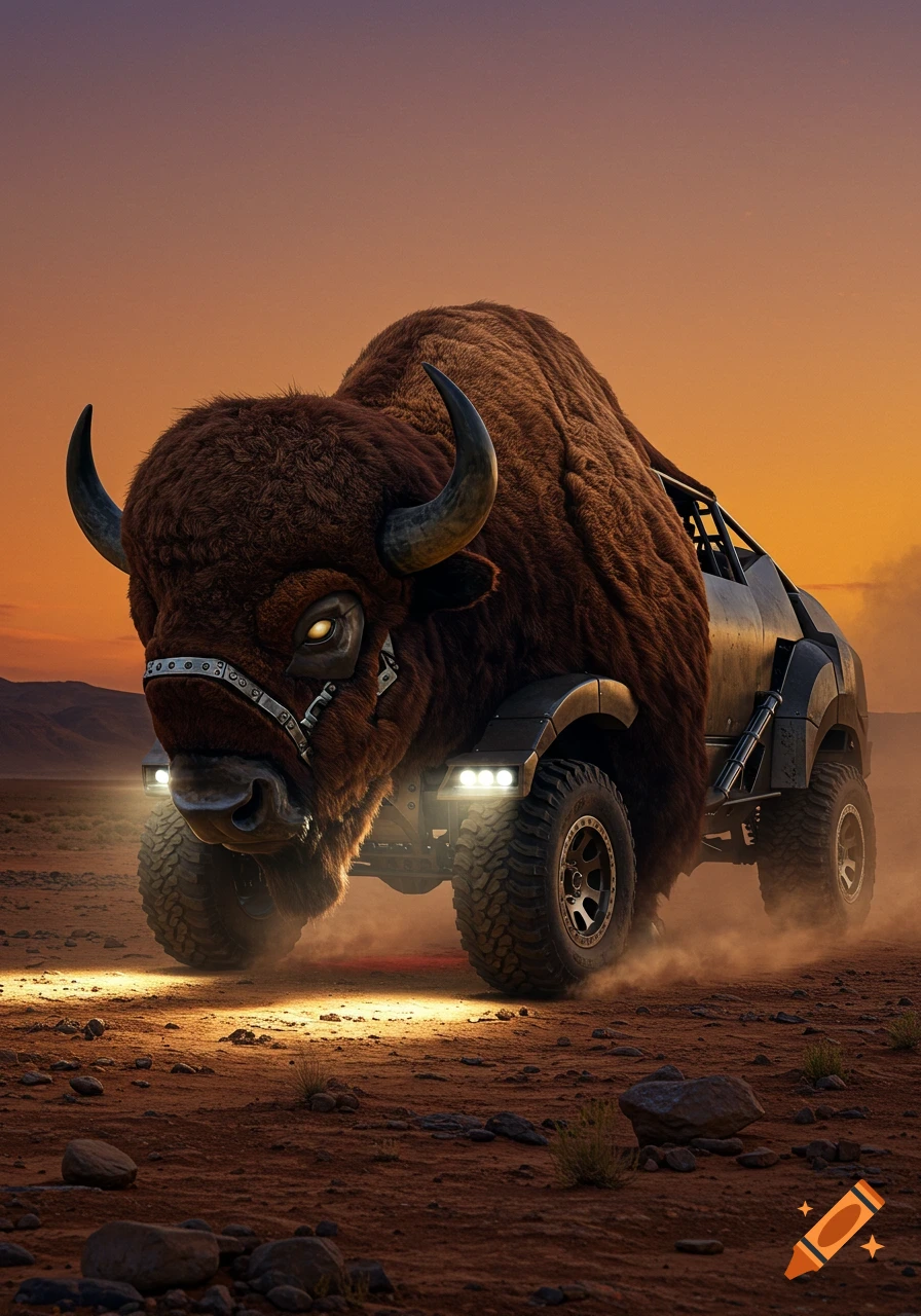 A powerful bison-like off-road vehicle with glowing eyes and headlights ...