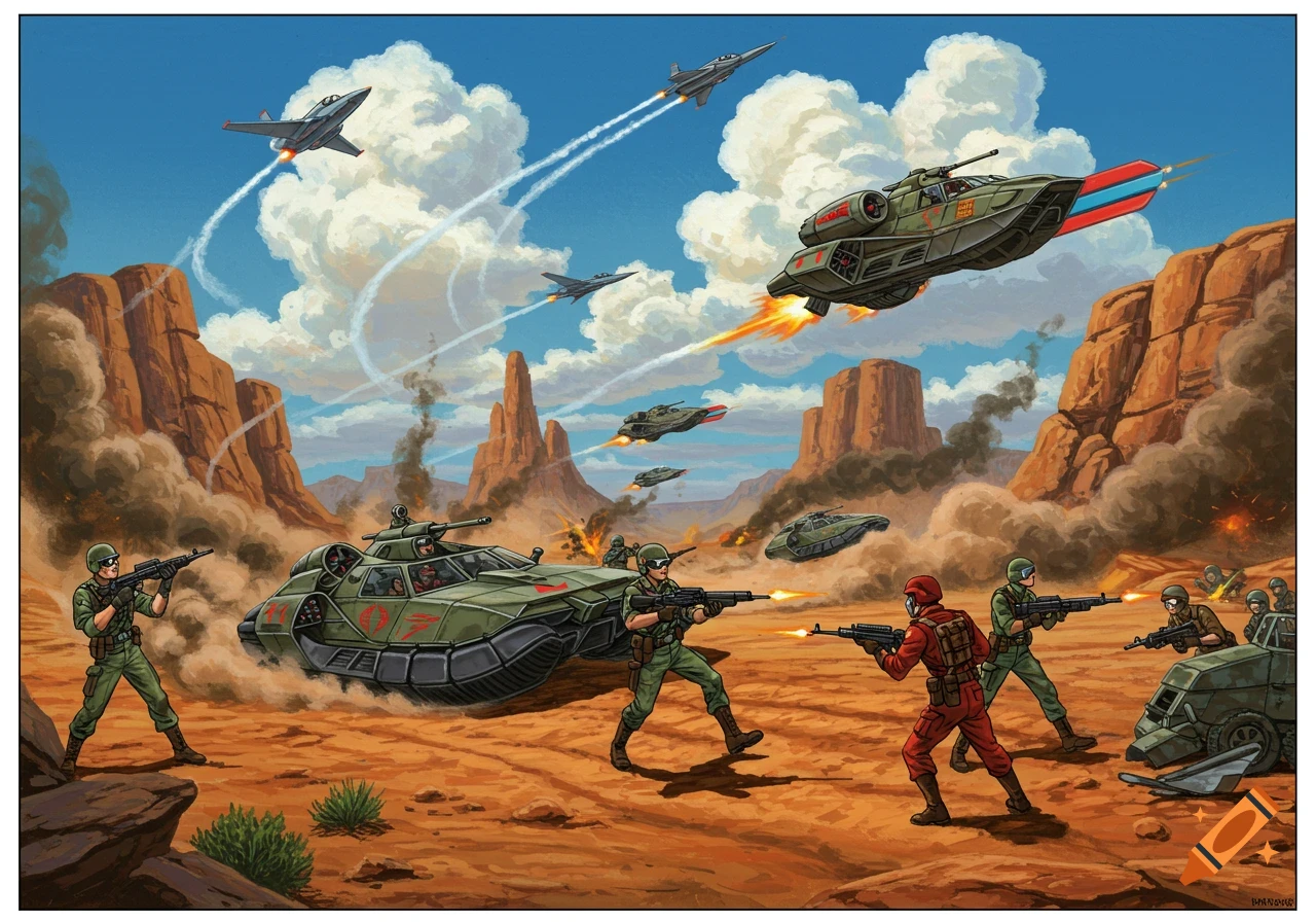 Cartoon battle in desert canyons with soldiers, hovercrafts, and ...