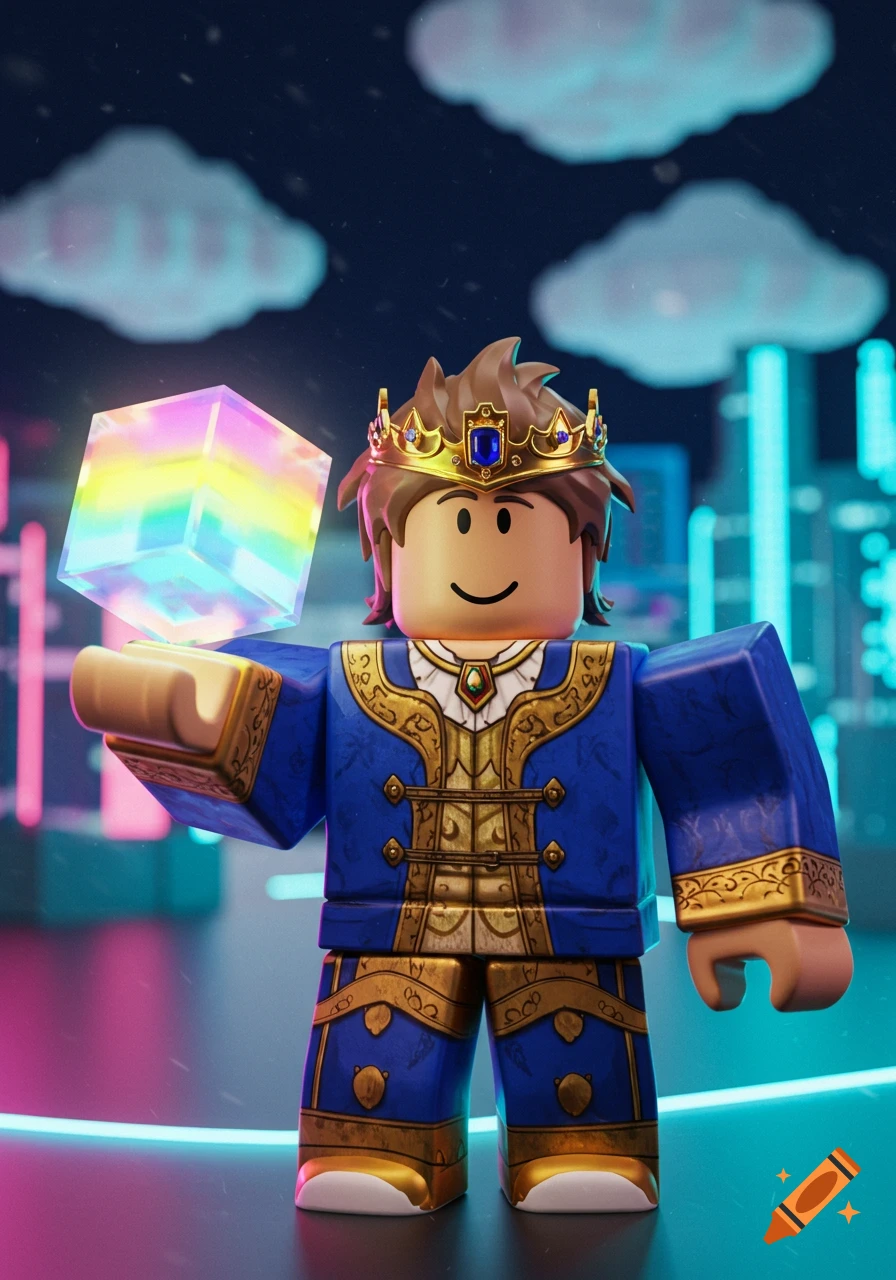 A Roblox character stands in a vibrant, blocky virtual world with green ...
